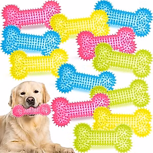VercanMonth 12 Pack Squeaky Dog Toy 6'' Bone Chew Toy Rubber Bone Toy Dogs Spiky Dog Toy for Medium and Large Dogs Teeth Cleaning and Training Aggressive Chewers, 4 Colors
