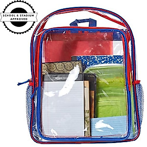 Large Clear Backpack for Kids with School Supplies Set, 16 inch Stadium Approved Transparent Bag, Red and Blue