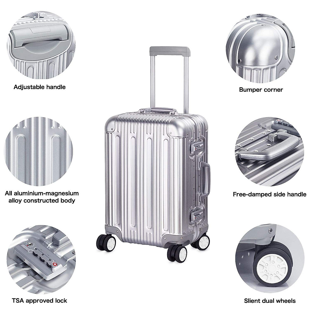 TRAVELKING All Aluminum Carry On Luggage with TSA Locks Fashion Cool Metal Hard Shell Spinner Suitcase (Silver, 20 Inch)…