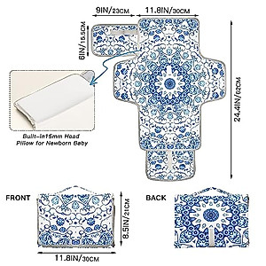 Mandala Blue Portable Baby Changing Pad Diaper Changing Table Pad Foldable Travel Changing Station with Built-in Pillow for Baby Newborn Gifts Essentials