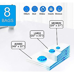 BZ Clothes Storage Bags. More Storage! Hand-Pump for Travel! Double-Zip Seal and Triple Seal Turbo-Valve for Max Space Saving (Variety 8 Pack)