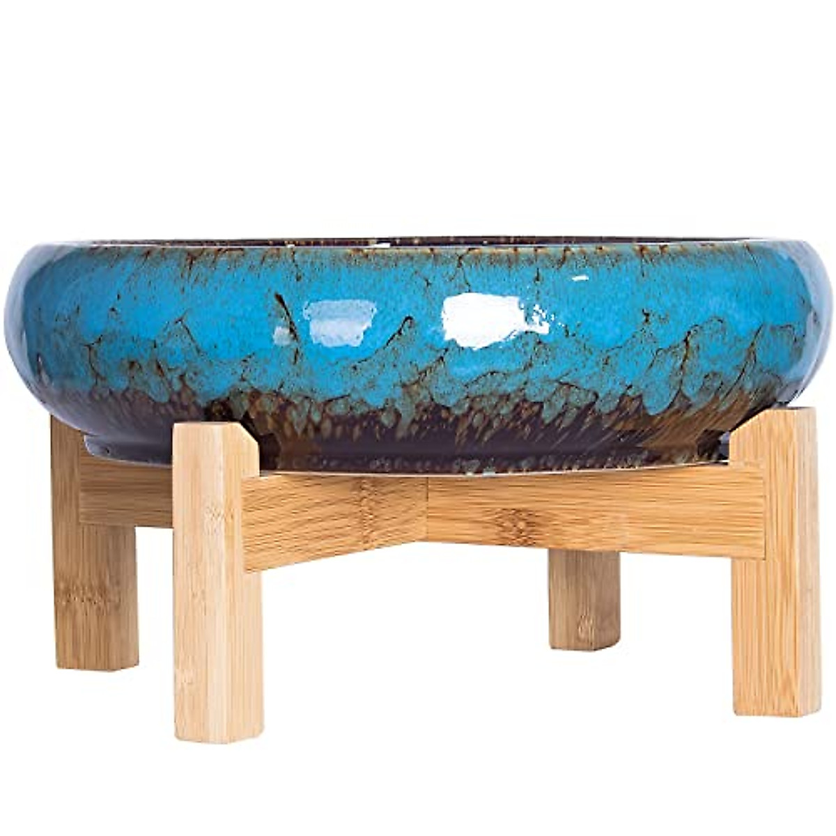 Succulent Pots - Large Succulent Planters Pots with Drainage, 10 Inch Ceramic Bonsai Pot with Stand Round Shallow Planter for Indoor/Outdoor Plants Decorative Garden Cactus Flower Container Bowl