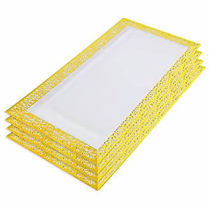 Yumchikel-Elegant Plastic Serving Tray & Platter Set (4pk) - Clear & Gold Rim Disposable Serving Trays & Platters for Food - Weddings, Upscale Parties, Dessert Table, Cupcake display - 7.5 x 14 inches