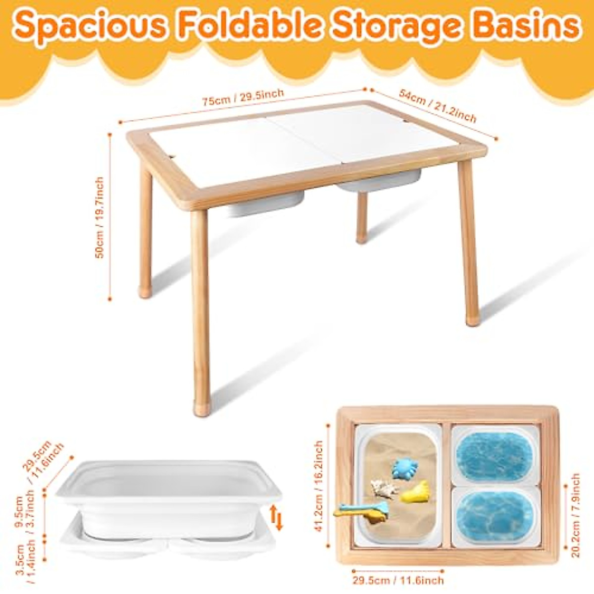 TERRAMUS Kid's Table, Toddler Sensory Table, Play Sand & Water Table with 3 Toy Storage Bins, Wooden Children's Desk for Art, Study, Drawing,Dinning, Activity Table Indoor Outdoor,Gifts for Boys Girls