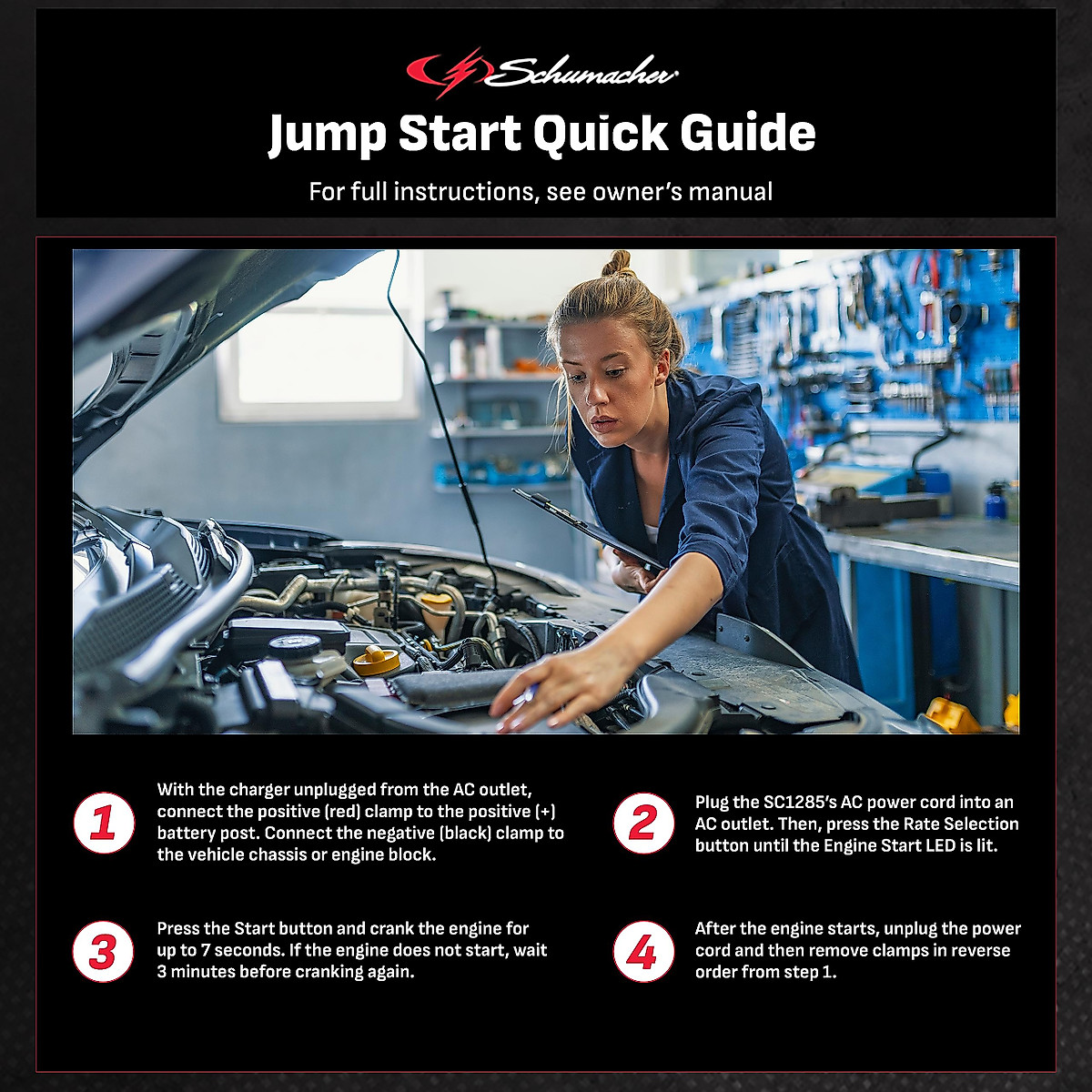 Schumacher Electric SC1285 Fully Automatic Wheeled Battery Charger and Jump Starter for Car, SUV, Truck, and Boat Batteries, 200 Cranking Amps, 12 Volts, Black, 1 unit