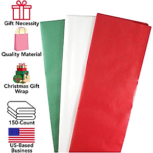 Iconikal Christmas Tissue Paper Assortment, 20 x 20-Inch, 50 of Each Red, White, Green, 150-Count for Gifts, Boxes, Decorations, Bags, Wrapping
