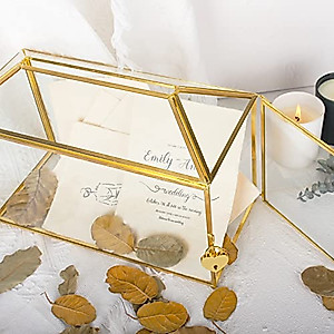 REDHUGO 12.6x5.9x9 inches Large Glass Card Box Handmade with Slot and Lock, Wedding Card Boxes for Reception, Graduation, Gift Cards, Party, Brass Geometric Terrarium, Golden Decorative Box