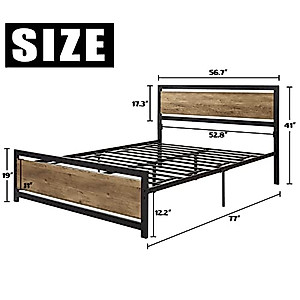 AMERLIFE Full Size Bed Frame with Wooden Headboard, Full Platform Bed Frame with Industrial Footboard/Heavy Duty Steel/Strong 4 U-Shaped Support Frames/Rustic Style/Easy Assembly/Light Brown