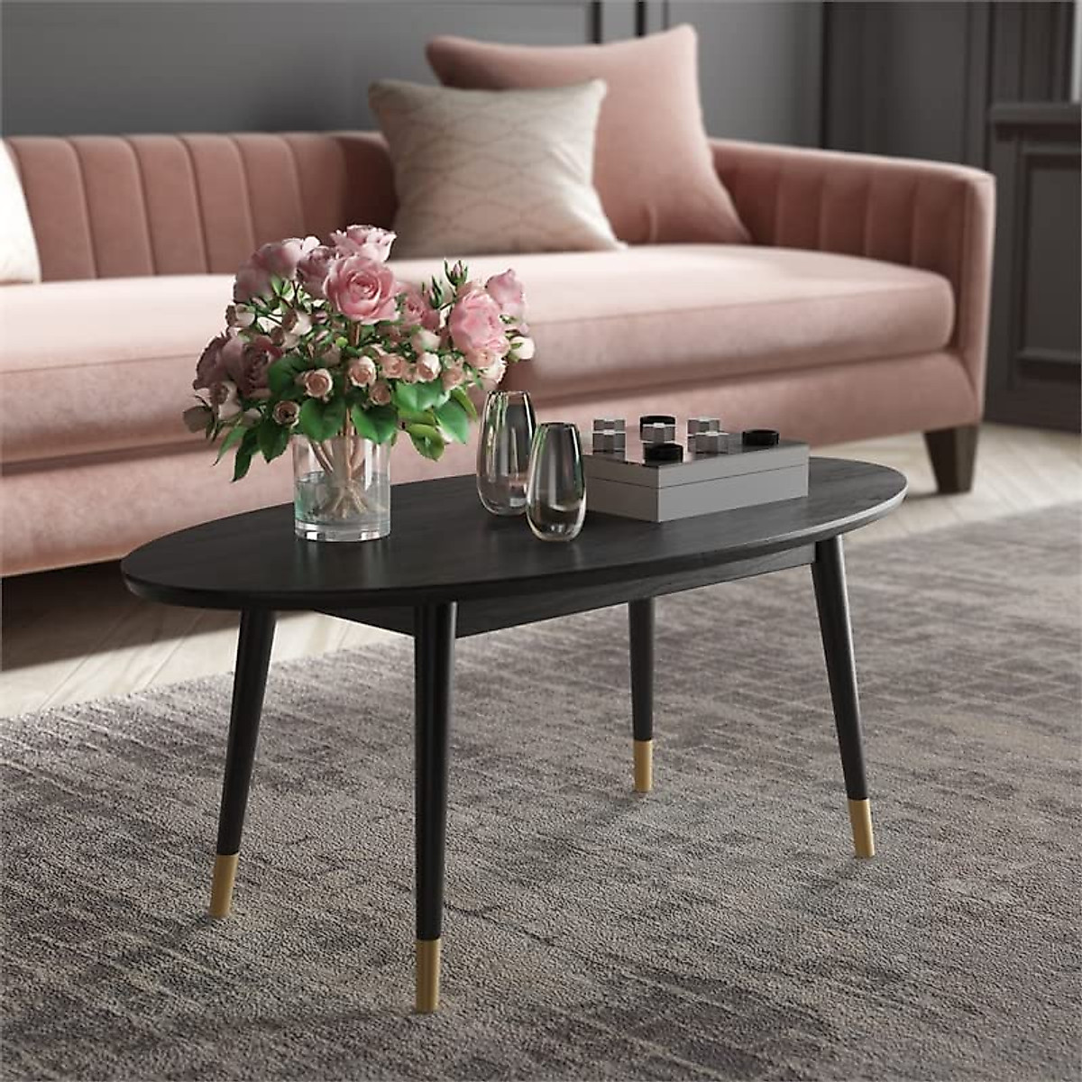 Elle Decor Clementine Mid-Century Modern Living Room Furniture Collection, Oval Coffee Table, Cocoa 39.37 in x 19.69 in x 15.75 in