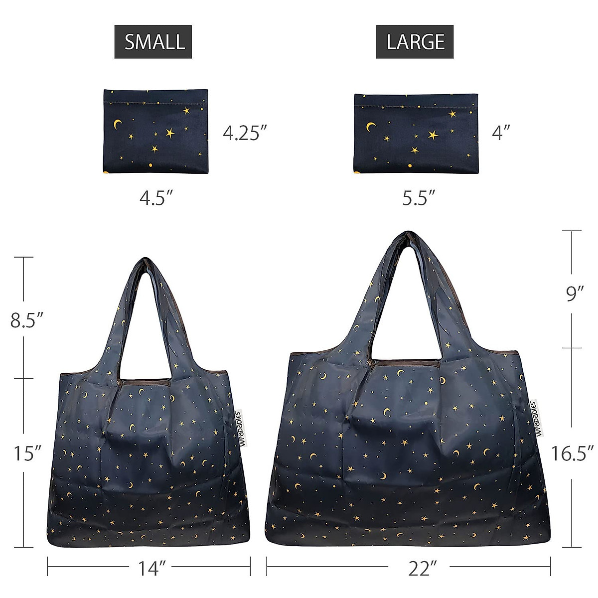allydrew Large & Small Foldable Tote Nylon Reusable Grocery Bags, Set of 2, Moon & Stars
