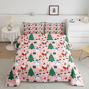 Kids Merry Christmas Tree and Snowman Comforter Set Twin Size Xmas Deer Elk Decor Bedding Set for Boys Girls Teens Bedroom Decor Snowflake Comforter Set Women Men Duvet Set with 1 Pillow Case
