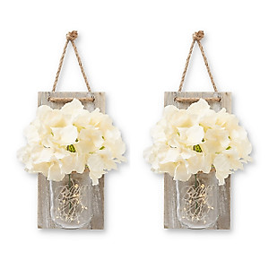 Hanging Mason Jar Wall Decor Sconce with LED Fairy Lights, Rustic Wood with Beautiful Pink and Cream Flowers Included for Home, Kitchen, Bathroom, Bedroom, Farmhouse & Girls Room Decorations