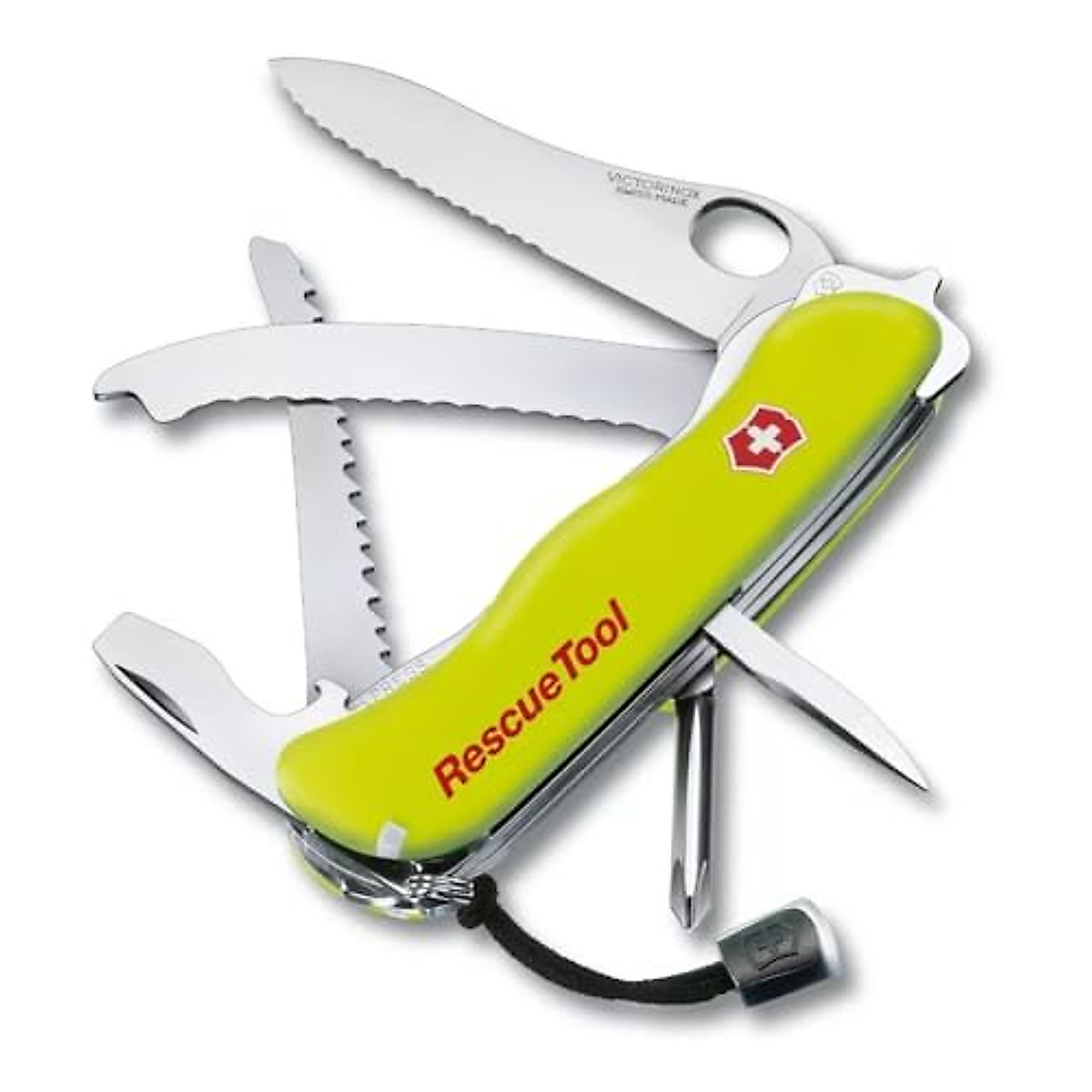 Victorinox Rescue Tool with Nylon Pouch Swiss Army Knife, 13 Functions, Swiss Made Pocket Knife with Seatbelt Cutter and Glass Saw - Fluorescent Yellow