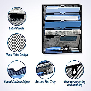 DALTACK Wall File Holder 6 Tier Hanging Wall File Organizer with Hooks, for Papers Mails Folders Clipboard Magazine Organization, for Office Home, Mesh Metal, Black