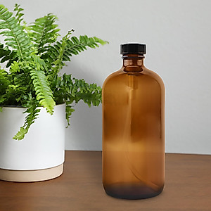 Cornucopia 16oz Amber Glass Bottles with Reusable Chalk Labels and Lids (2 Pack), Refillable Brown Boston Round Bottles, with Black 28-400 Caps