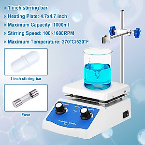 Yaeccc Magnetic Stirrer 4.7 x 4.7 Inch Heating Plate Magnetic Mixer SH-2 Hot Plate 1000ml Stirring Capacity Magnetic Stirrer Kit 180W 0~1600RPM 1L Volume Heating Power