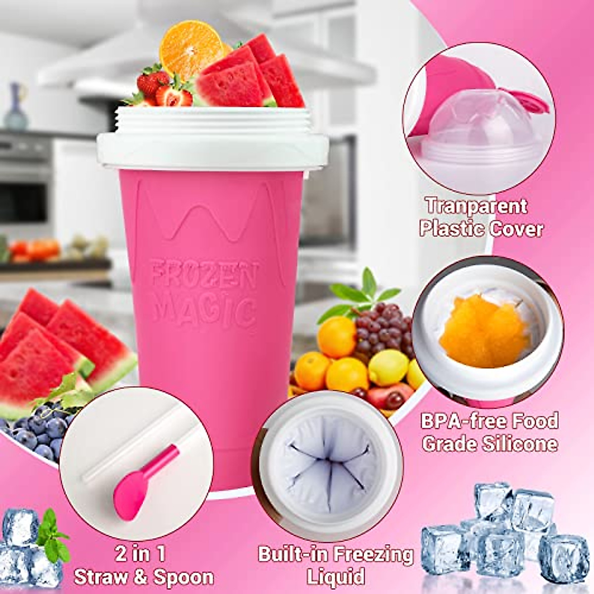 Slushie Maker Cup,FUROLD DIY Slushies Cup Frozen Magic Squeeze Cup Slush Cup Smoothies Double Layers , Homemade Slushie Machine w/ Straw and Spoon, Ice Cream Maker Cool Stuff Birthday Gifts for Kids(Blue+Pink)