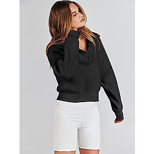 Prinbara Hoodie for Women Pullover Long Sleeve Sweatshirt Button down V Neck Teen Girls Fall Trendy Y2k Clothes Oversized Sweater 2023 1PA139-heise-M Black