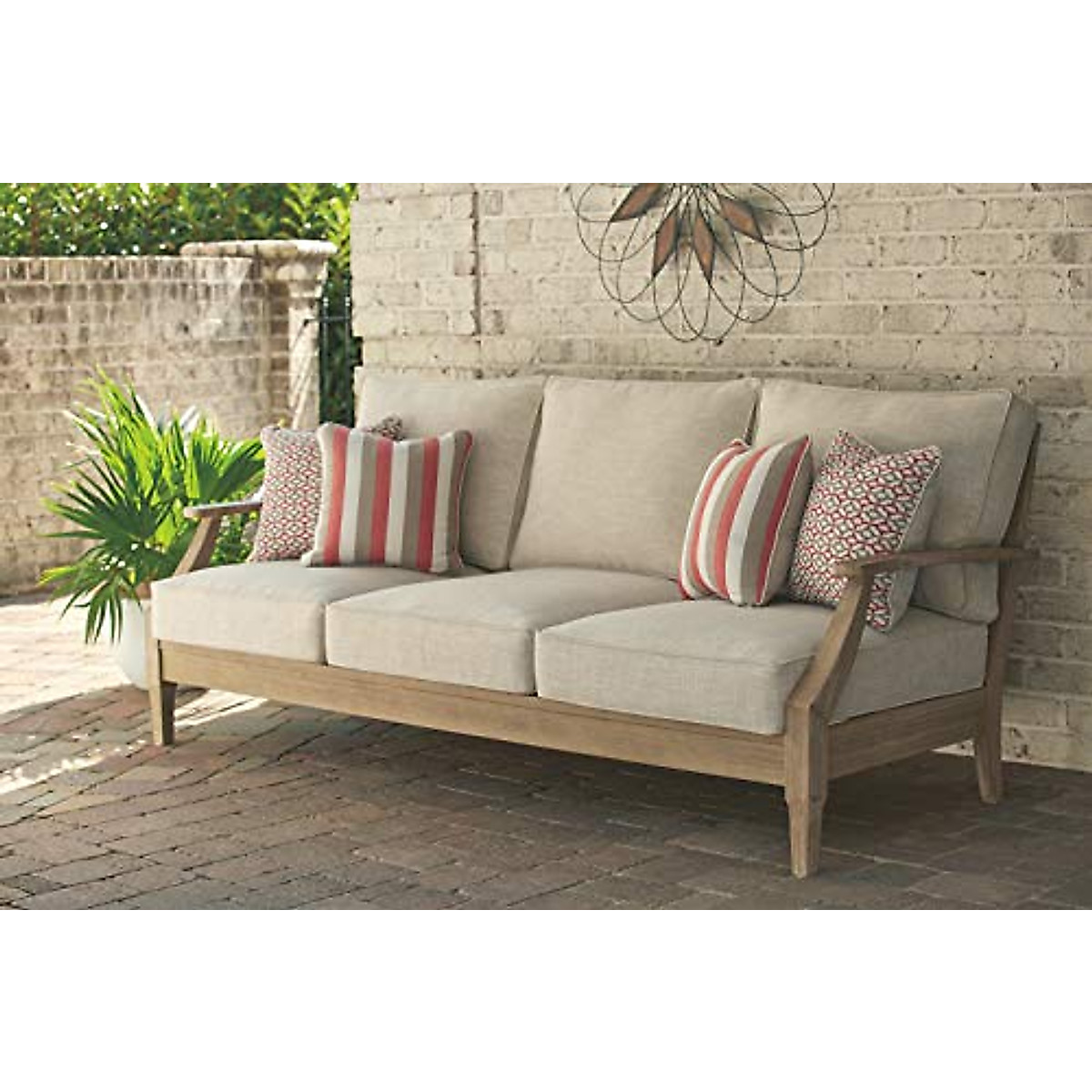 Signature Design by Ashley Clare View Coastal Outdoor Patio Eucalyptus Sofa with Cushions, Beige & Clare View Outdoor Eucalyptus Wood Single Cushioned Lounge Chair, Beige