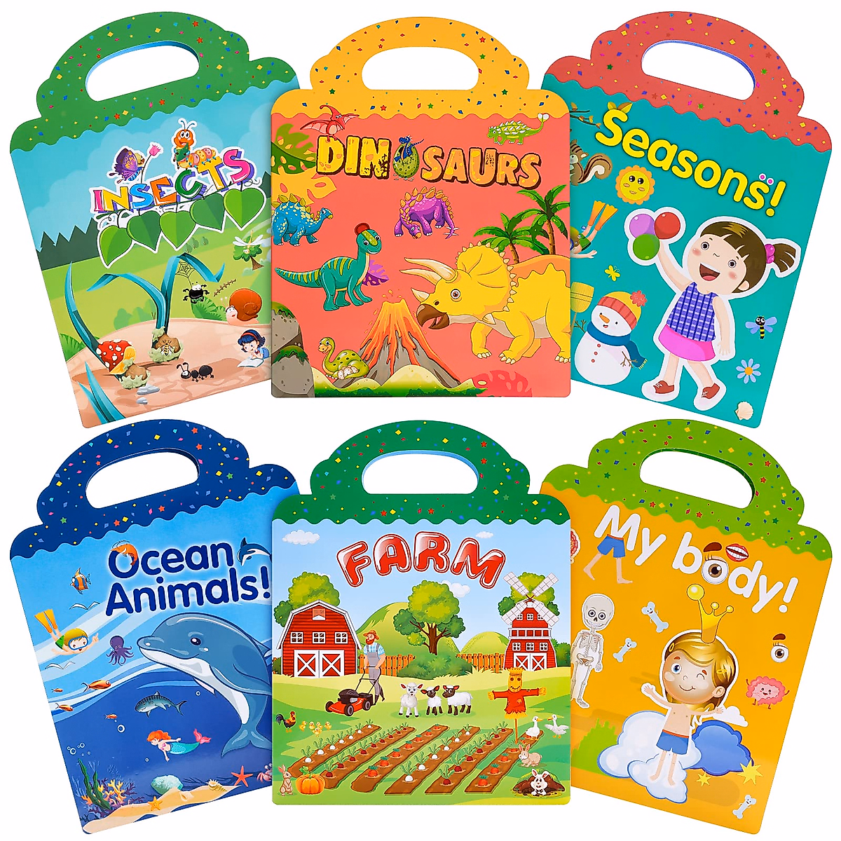 Reusable Sticker Book for Kids 2-4: 6 Set Preschool Learning Activities Quiet Busy Book for Toddler Travel Toys Sticker Book Include Ocean, My Body, Farm, Insect, Season, Dinosaur Educational Gifts