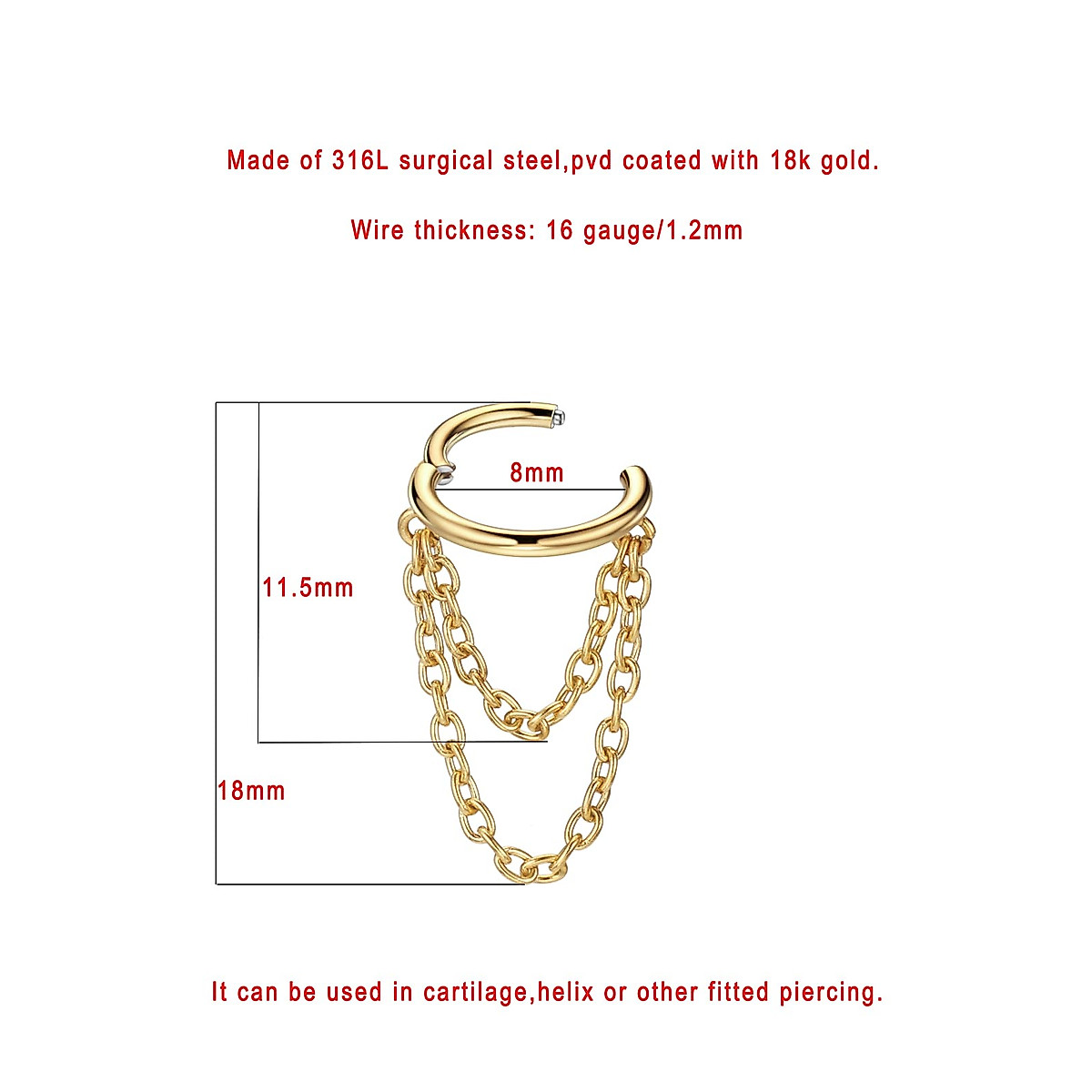 FANSING 16g Gold Plated Surgical Steel Cartilage Earrings Hoop 8mm Helix Piercing Jewelry with Double Chains 5/16" Cartilage Hoop 16 Gauge