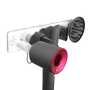 Floatant Wall Mount Hair Dryer Holder Compatible with Dyson Supersonic, Hair dryer holder, Acrylic Attachments Organizer with Hooks for Accessories Nozzles, Wide-Tooth Comb, Diffuser (Transparent)