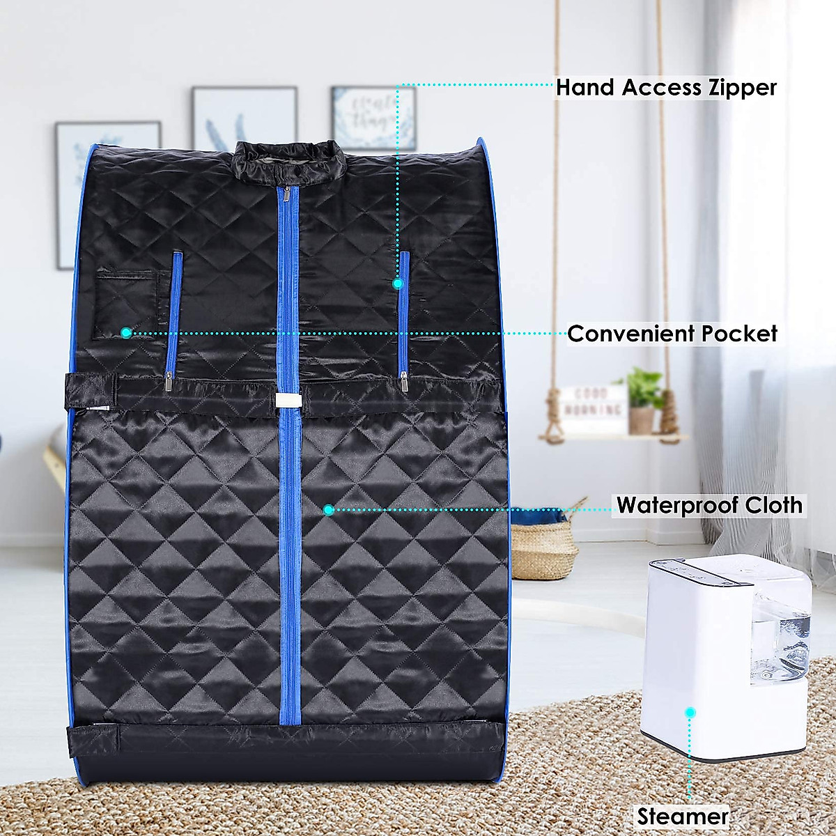 Hurbo Newest Portable Folding steam Sauna Room, Home Sauna spa, Weight Loss Therapy, Full Body Spa Detox Sauna Room with Foldable Chair Timer Remote Contro (29.5 x 35 x 40.3inch, Black Blue)