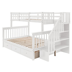Twin Over Full Bunk Bed, Wood Twin Over Full Bunk Bed Frame with Storage Drawers and Shelves, Twin Over Full Size Bunk Bed Frame with Guardrails and Stairs for Kids Boys Girls Teens Adults, White