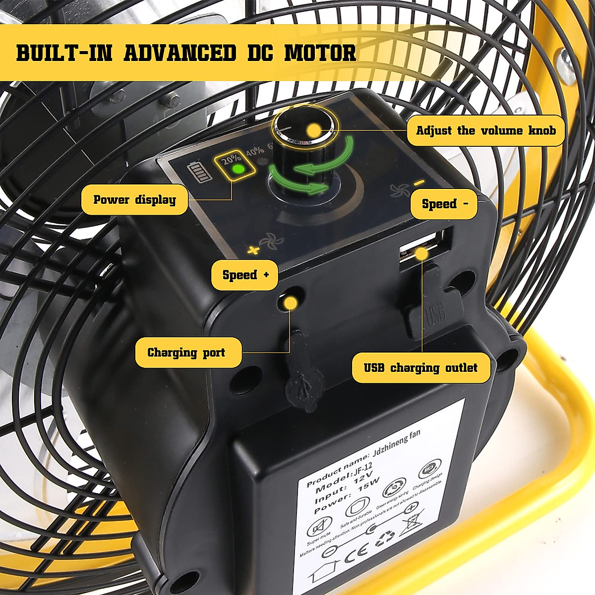 jdzhineng Battery Operated Fan, 15000mAh Battery Powered Fan, Portable Rechargeable Floor Fan for Camping, Travel and Home. Cordless Outdoor Fan with Metal Blade.