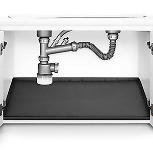 Under Sink Mats for Kitchen Waterproof, 34" x 22" Silicone Under Sink Liner, Under Sink Liner Hold up to 3.3 Gallons Liquid, Sink Protector Tray with Drain Hole for Kitchen Bathroom Cabinet (Black)