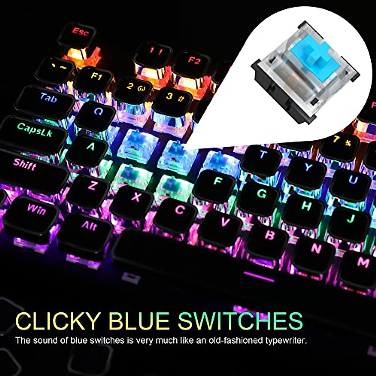 Camiysn Typewriter Style Mechanical Gaming Keyboard, Black Retro Punk Gaming Keyboard with RGB Backlit, 104 Keys Blue Switch Wired Cute Keyboard, Unique Square Keycaps for Windows/Mac/PC