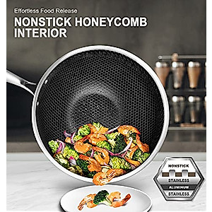 MICHELANGELO Wok Pan with Lid, 12 Inch Stainless Steel Wok Set with Spider Strainer and Steaming Rack, Honeycomb Woks & Stir-fry Pans Flat Bottom Wok Induction Compatible, Dishwasher and Oven Safe