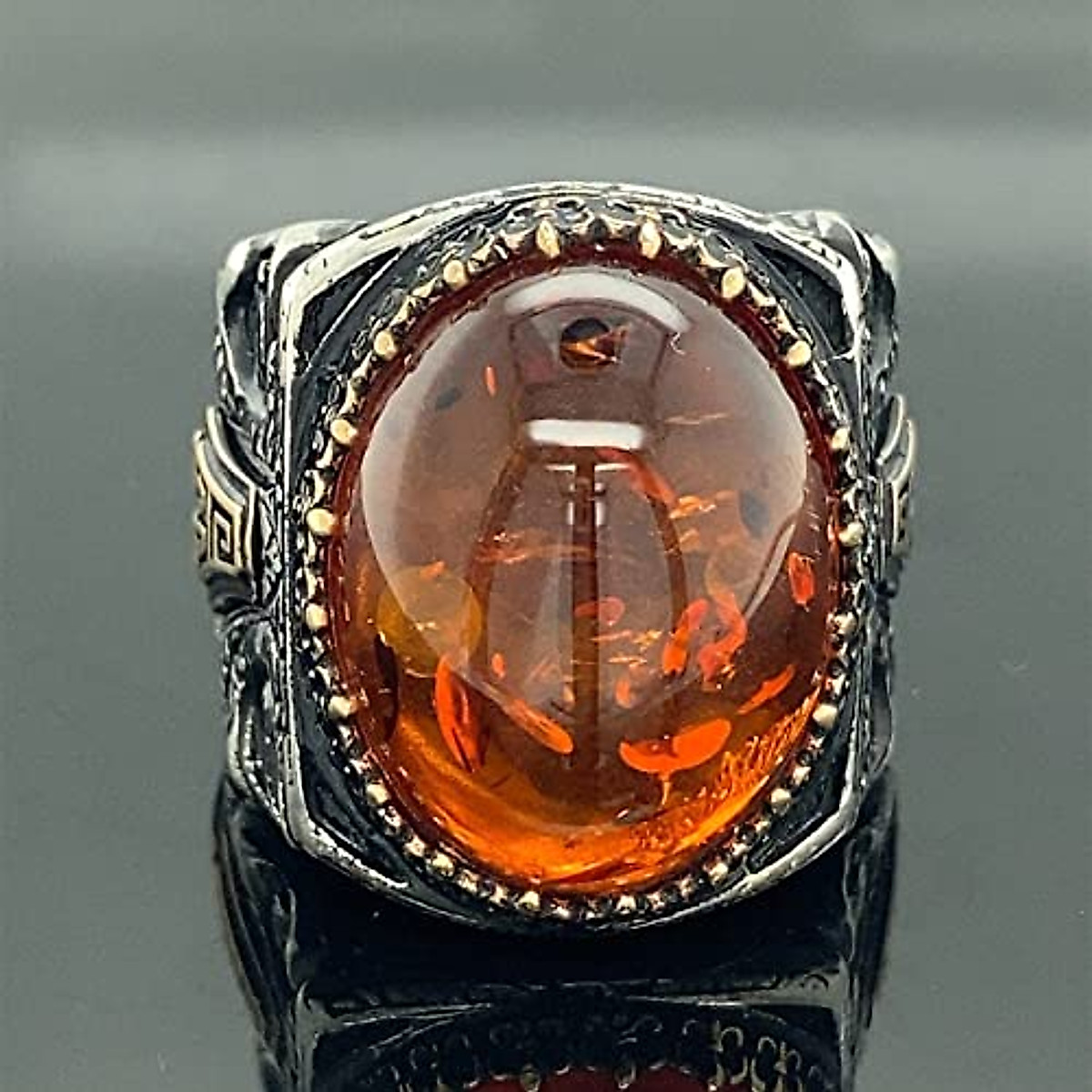 Mens Handmade Ring, Amber Stone Ring, Honey Amber Ottoman Mens Ring, Natural Stone, Men Ring, Gift for Him, 925k Sterling Silver Ring