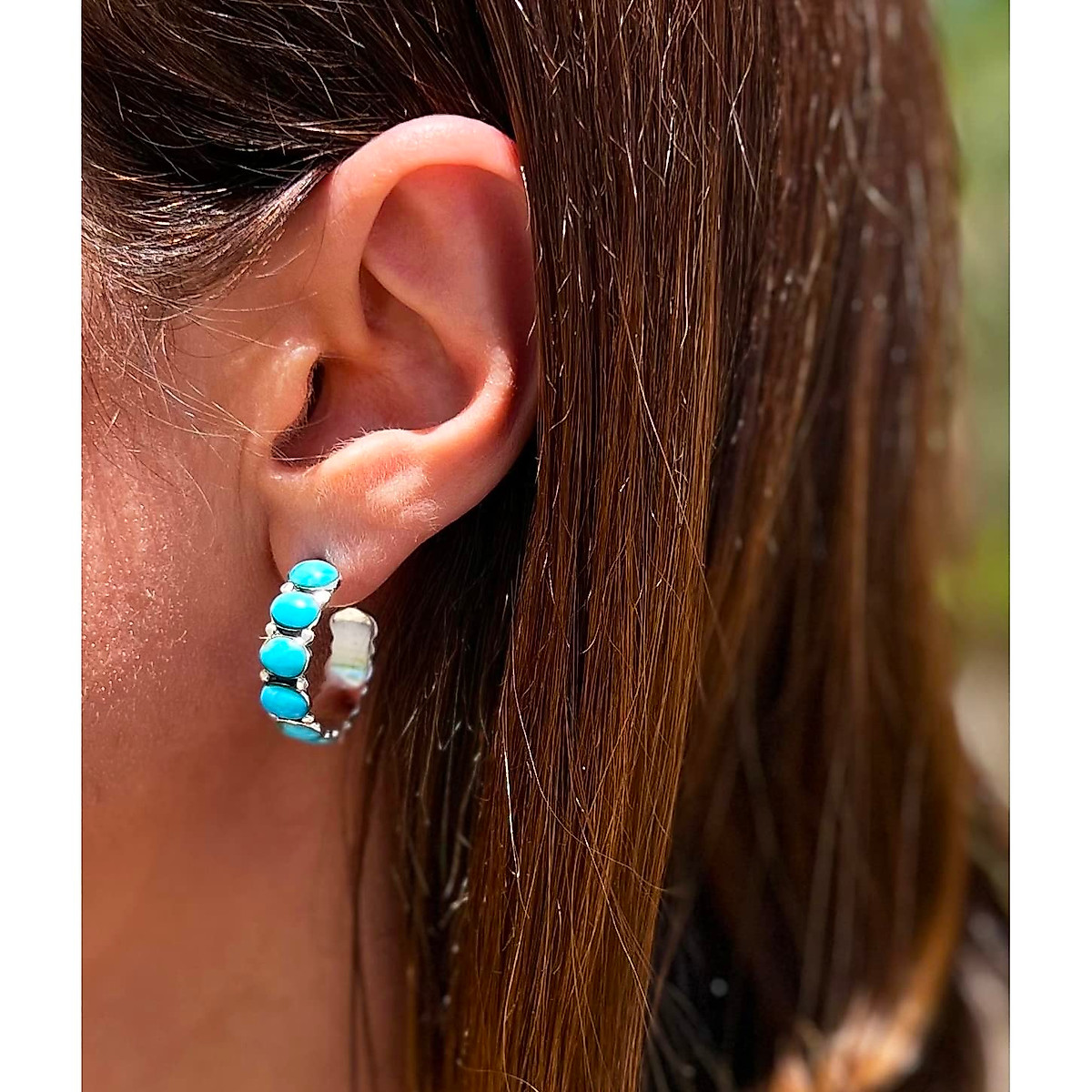 Turquoise Earrings 925 Sterling Silver & Genuine Turquoise (Select style) (Bold Oval Hoops)
