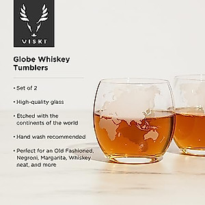 Viski Globe Glass Whiskey Tumblers, Etched Glass Whiskey Enthusiast Gift and Glassware Accessory, 12 oz, Set of 2
