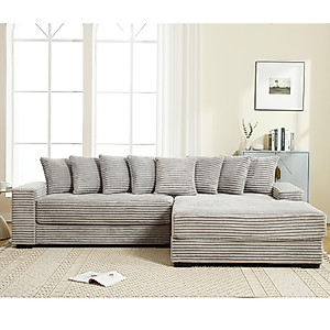 111" L Shape Sofa Couch with 8 Pillows,Comfy Sectional Cloud Couch for Living Room,L-Shaped 3 Seat with Right-Side Chaise,Corduroy Fabric,Grey