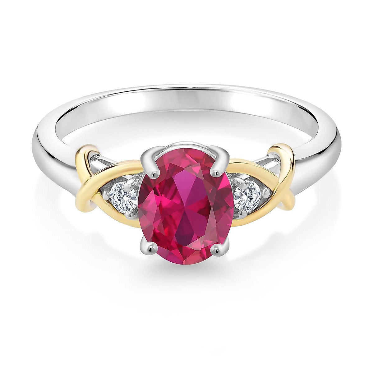 Gem Stone King 10K Yellow Gold and 925 Sterling Silver Red Created Ruby and White Lab Grown Diamond Ring For Women (1.43 Cttw, Oval 8X6MM, Available in Size 5,6,7,8,9)