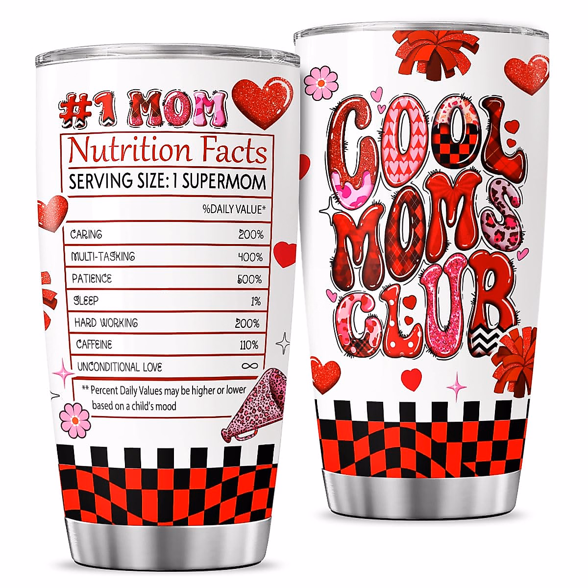 JENOIS Cool Moms Club Nutrition Facts, Funny Tumblers Simply Women For Checkered Mom Day Modern Coffee Insulated Mother Water, Cool Moms Club Gifts, Tumbler 20 Oz With Lid And Straw