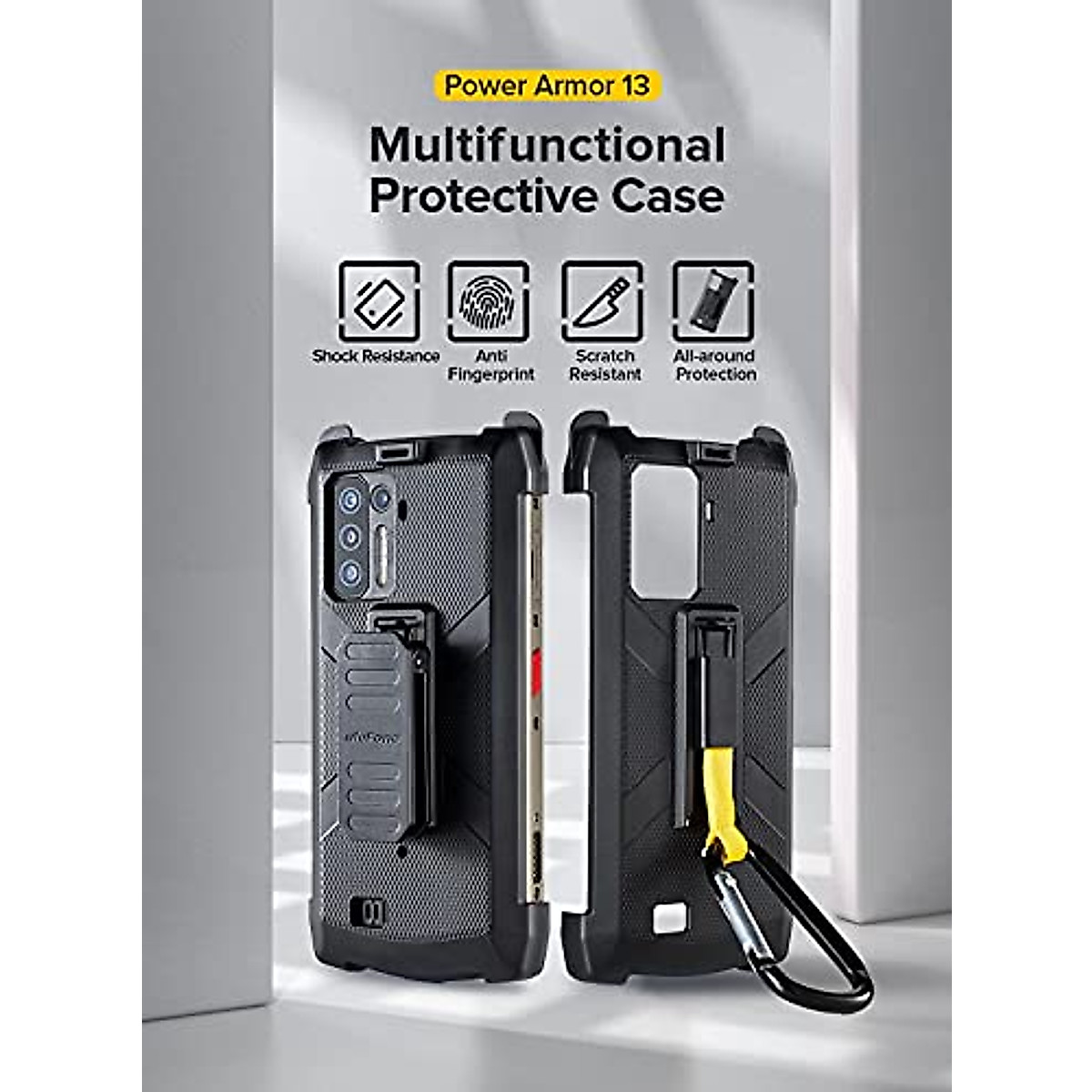 Ulefone Armor 13 Original TPU Black Case, Multifunctional Protective Case Armor 13 with Back Clip Carabine