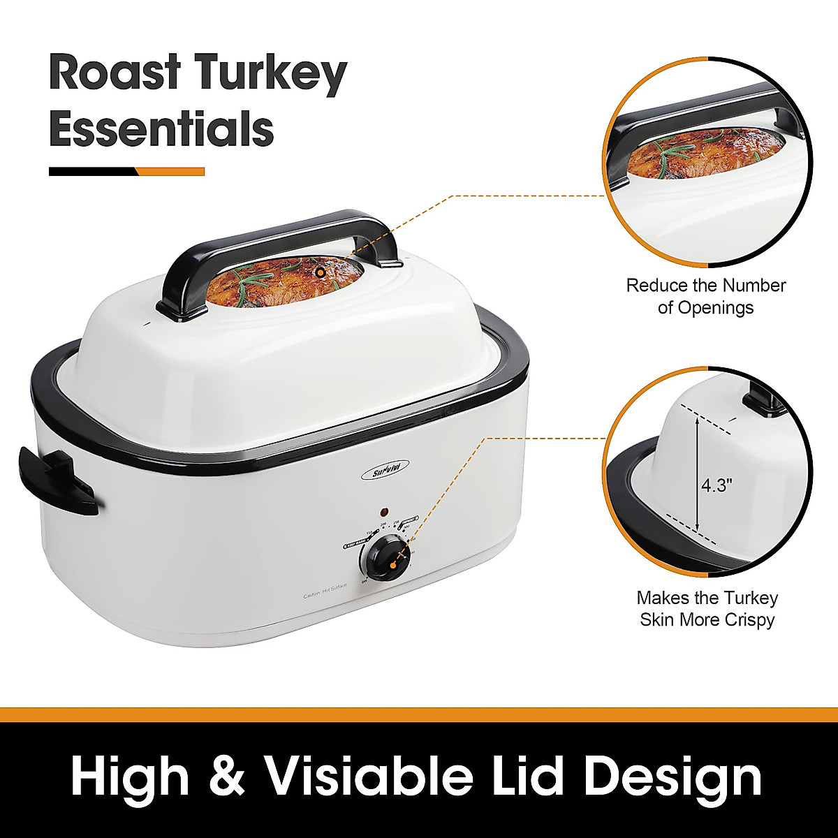 Roaster Oven, 24 QT Electric Roaster Oven with Viewing Lid, Sunvivi Turkey Roaster with Unique Defrost/Warm Function, Large Roaster with with Removable Pan & Rack, Stainless Steel, White