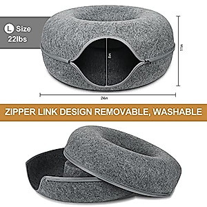Cat Tunnel Bed, Cat Cave Bed ，Beds for Indoor Cats - Large Cat House for Pet Cat Cave ，Detachable Round Felt & Washable Interior Cat Play Tunnel for Small Pets (24 Inch, Dark Grey)