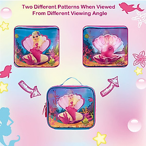 HAPPYSUNNY Mermaid Lunch Box Bag for Girls Kids with 3D Images Changing Pictures Lenticular Hologram Technology Insulated Lunch Bag for Children Preschool Kindergarten and Travel