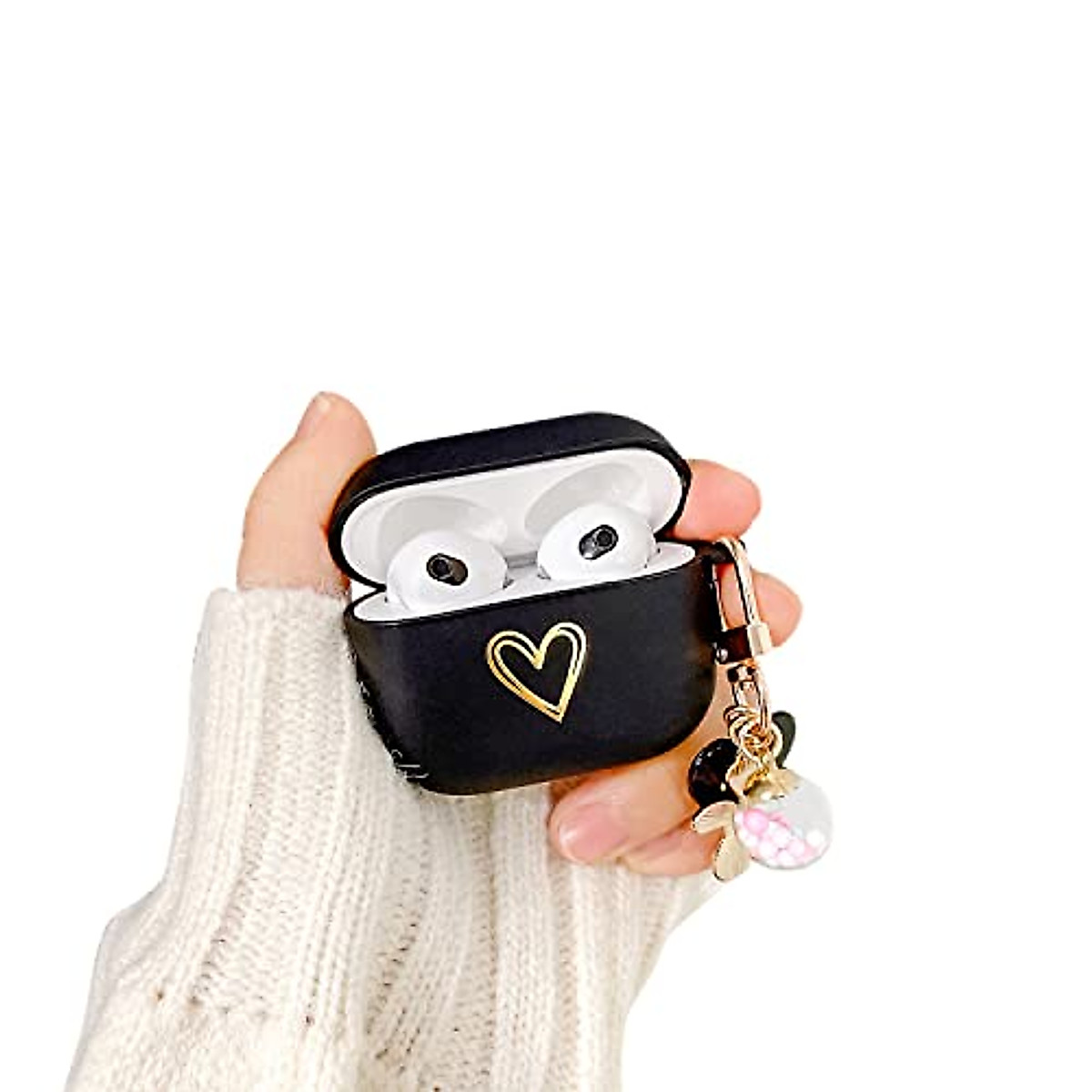 Ownest Compatible with AirPods 3 Case Cover 2021,Soft TPU with Gold Heart Cute Lucky Ball Keychain Shockproof Cover Case for Girls Women Airpods 3rd Generation-(Black)