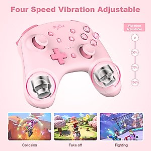 PXN 9607X Wireless Switch Pro Controller, Dual Shock Gamepad Joystick Support NFC, Turbo, Wake-up, Gyro Axis, Vibration Hall Effect Joysticks for Switch/Lite/OLED & PC & iOS (Pink)