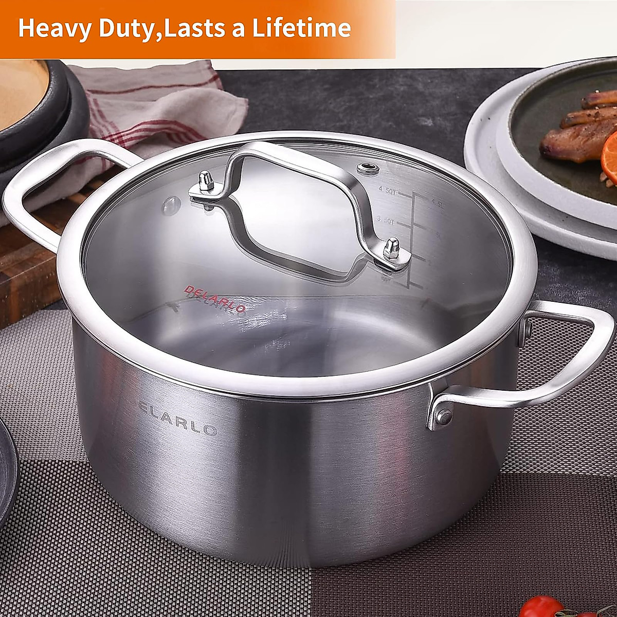 DELARLO Whole Body Tri-ply Stainless Steel StockPot 3.5QT, Cooking Pot 18/8 Food Grade, Durable Soup Pot with Glass Lid,Suitable for All stoves, Dishwasher-Safe
