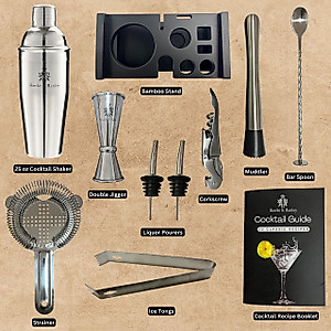 Hawke & Hanley Mixology Bartender Kit: Cocktail Shaker Bar Set with a Martini Shaker, Bar Tools and Black Bamboo Stand | Bartending Kit with Recipe Book | Unique Housewarming Gift (Silver)