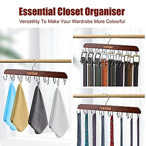 Belt Hooks, Vutim Wardrobe Belt Hanger, 14 Swivel Quality Hooks, Large Capacity Wooden Belt Organizer, Space Saving Belt Hanger for Belts, Ties, Vests, Bras, Hats