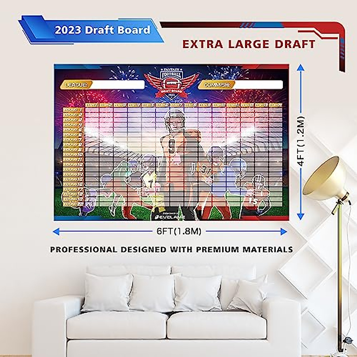 Extra Large 6FT x 4FT Fantasy Football Draft Board 2023-2024 Kit with 637 Player Stickers, 14 Teams, 20 Rounds, 2023 Fantasy Football Draft kit Premium Color Version for Home Office Sport Club Bar