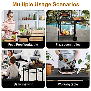 Blomed Dining Cart Table with Double-Shelf, Grill Cart with Wheels, Movable Steel Flattop Worktable, 6 Hooks, Side Handle, BBQ Cart Pizza Oven Stand