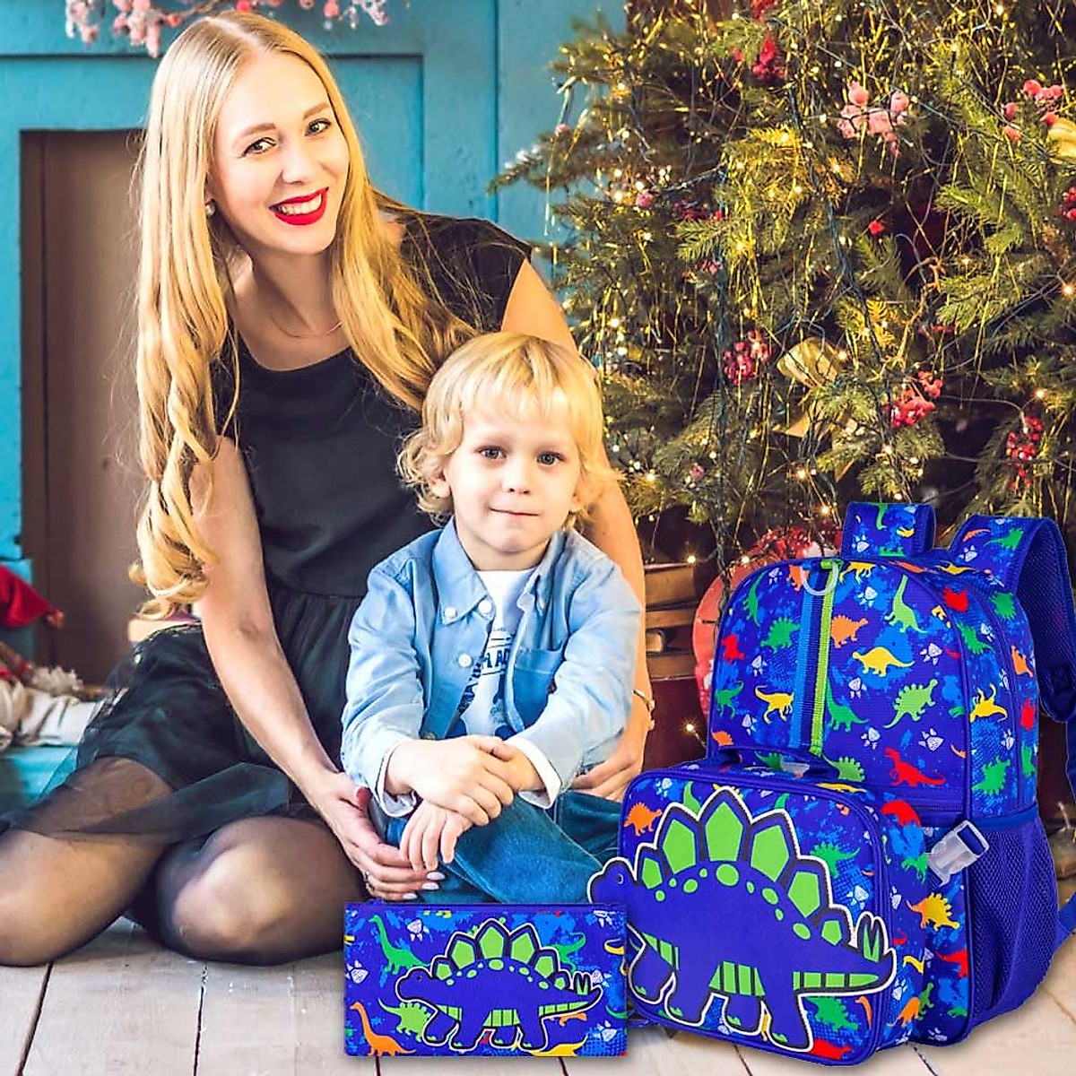 UFNDC 3PCS Dinosaur Backpack for Boys, 16”Kids Bookbag with Lunch Box, School Bag for Elementary Toddler